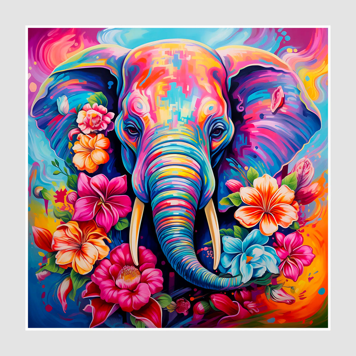 Bright Flower Power Elephant Digital Art Print – Jazz It Up Interiors